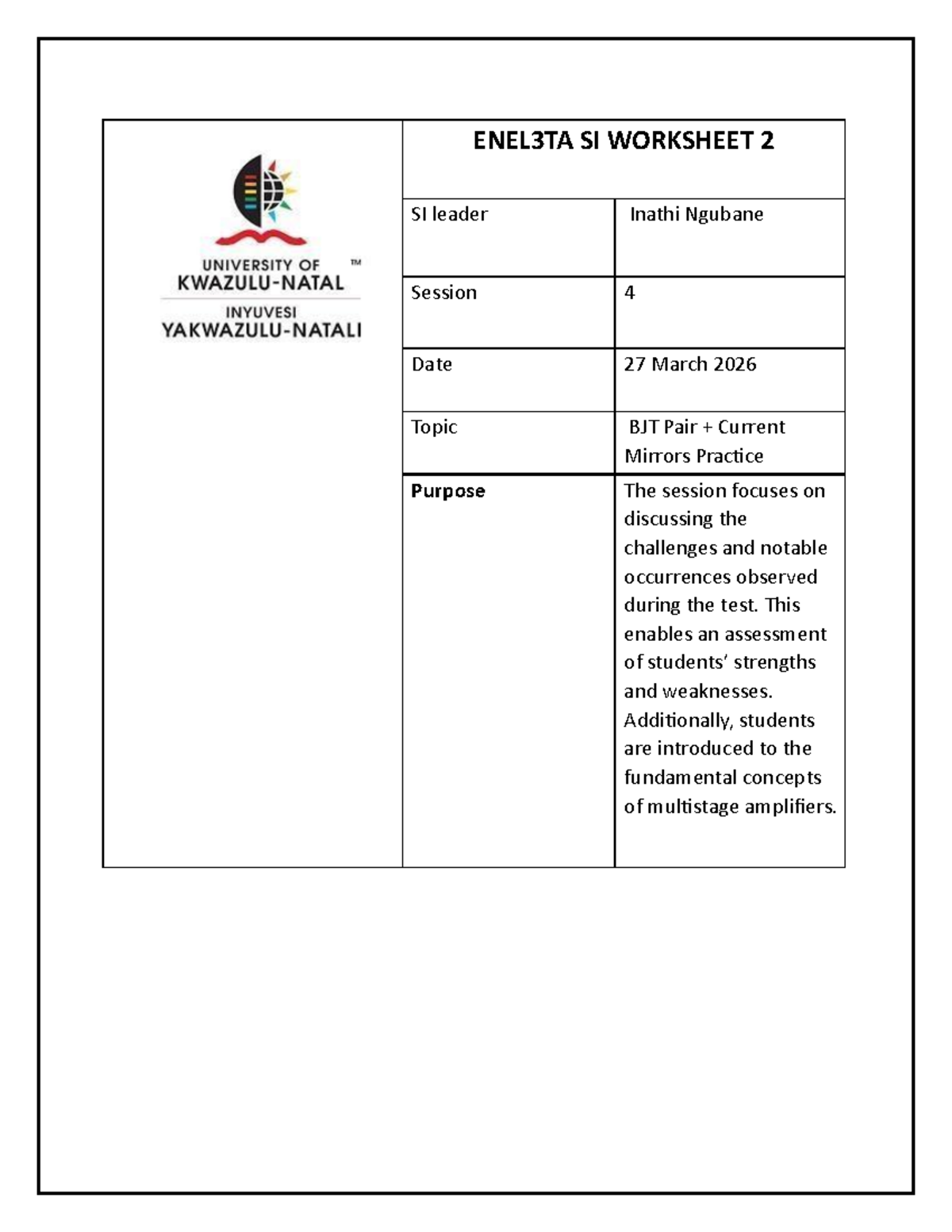 ENEL3TA SI Worksheet 4: BJT Pair Current Mirrors & Multistage Amps ...