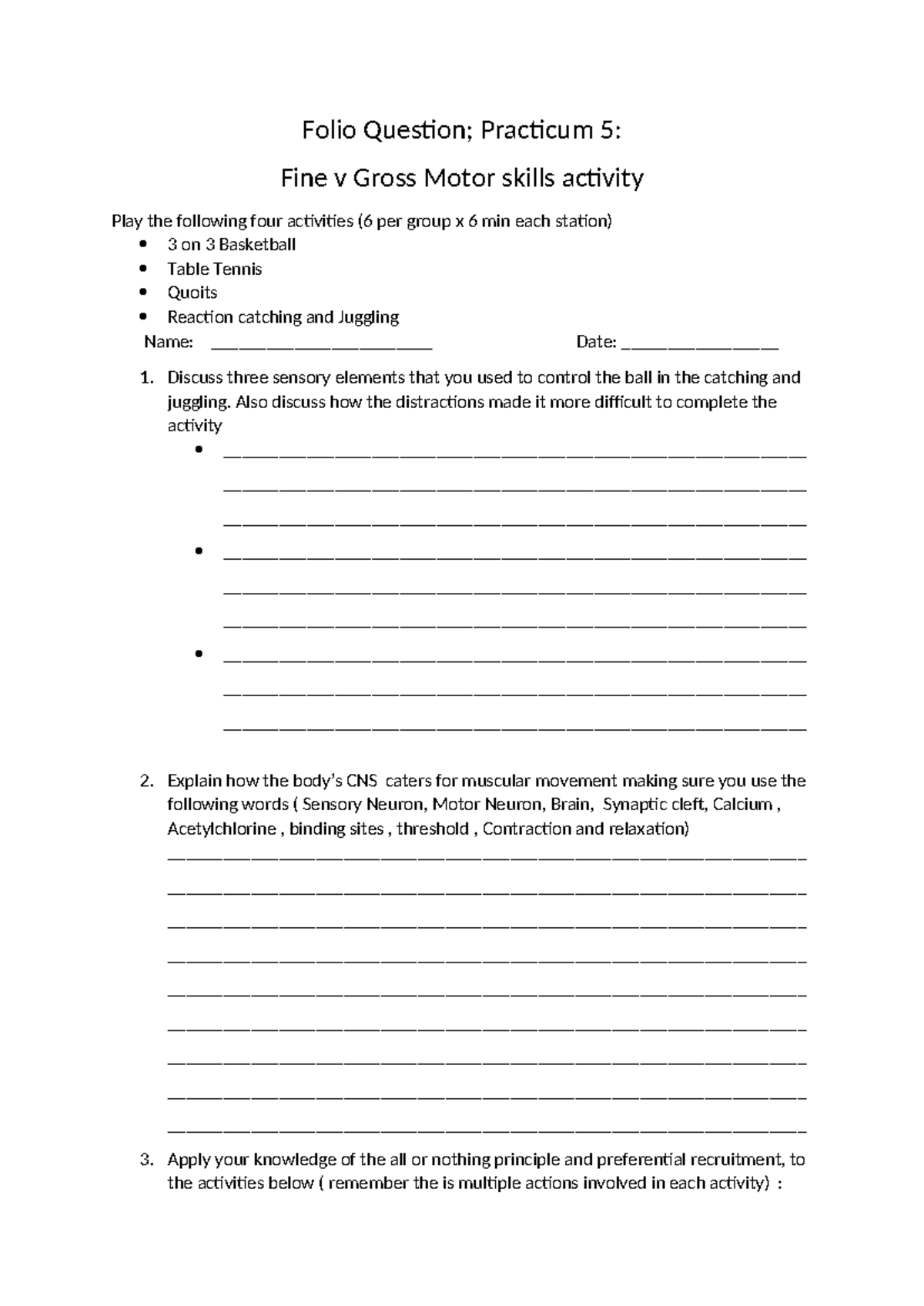 Folio Practicum 5: Fine & Gross Motor Skills Activities Analysis - Studocu