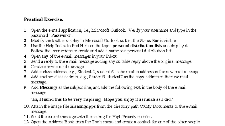 Internet Training Practical Exercise: Microsoft Outlook Tasks - Studocu