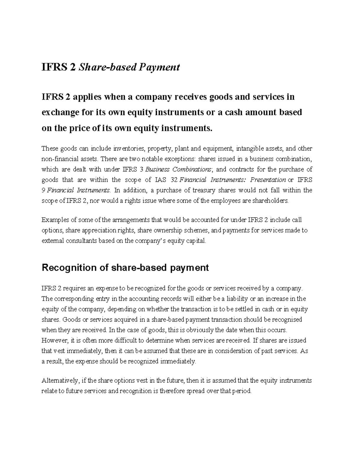 IFRS 2 Payment: Understanding Equity Instruments and Recognition - Studocu
