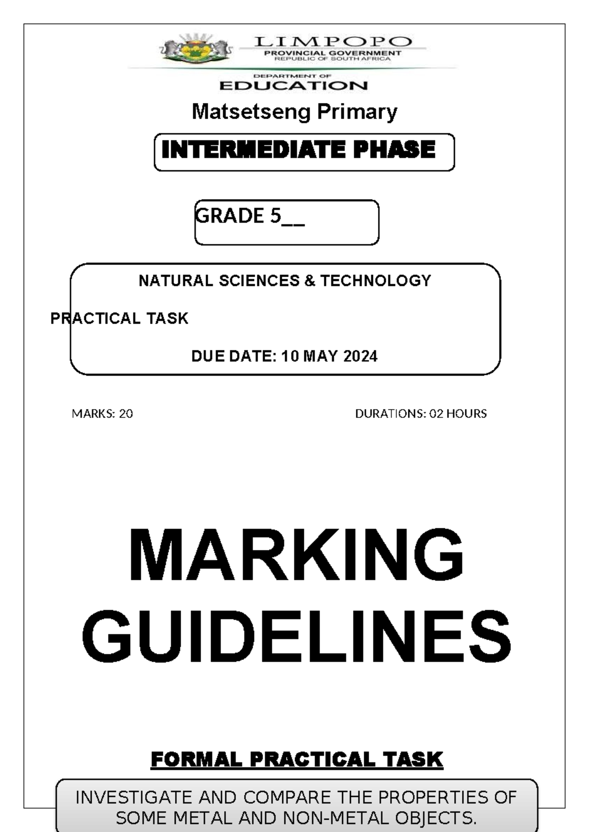 Grade 5 NSTECH Term 2 Practical Task Memo 2024 - Investigating Metals ...