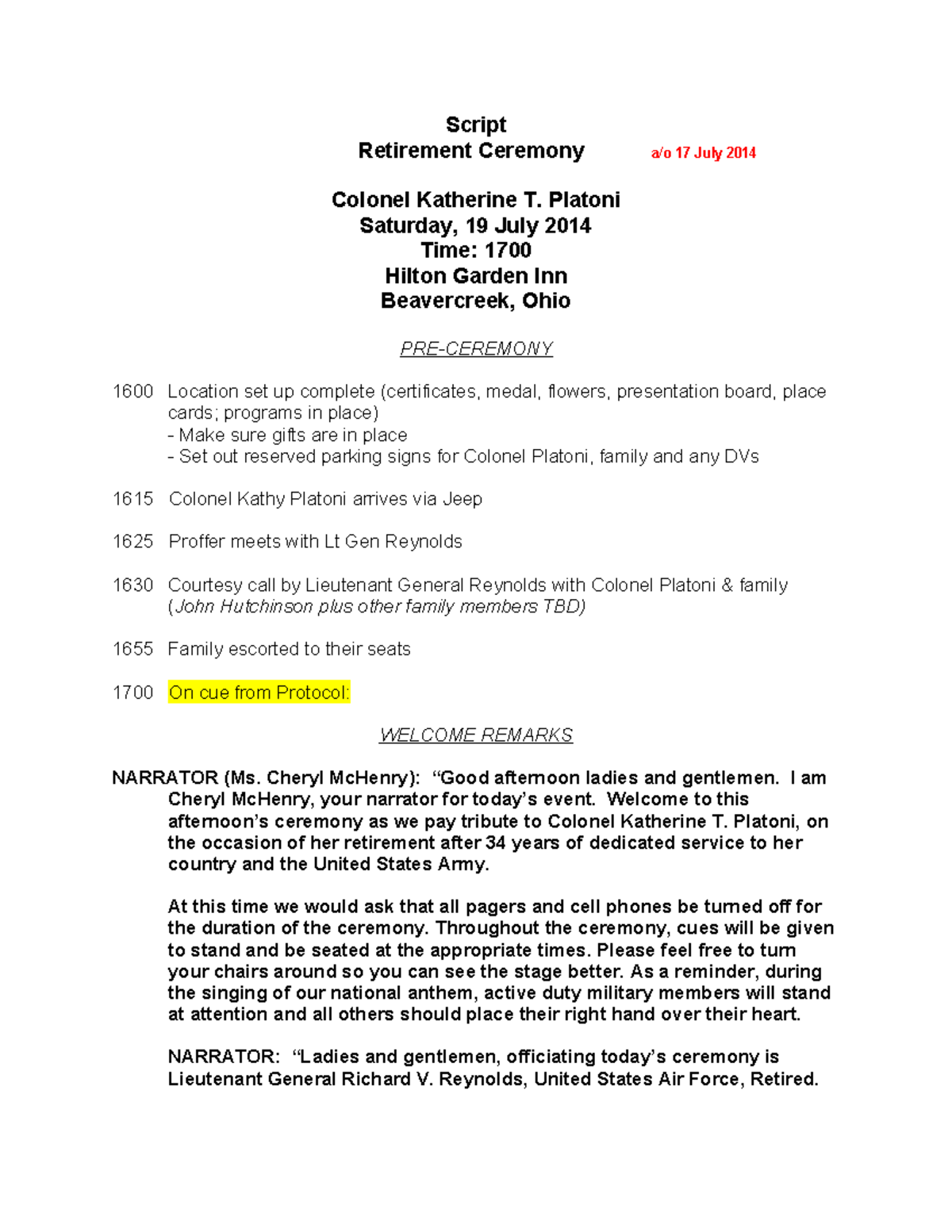Colonel Platoni's Retirement Ceremony Script - Final Draft - Studocu