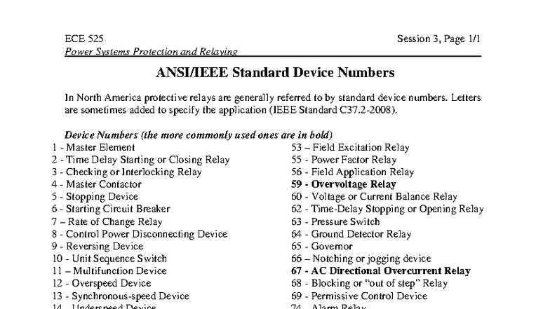 ECE 525 Power Systems Protection: ANSI/IEEE Device Numbers - Studocu