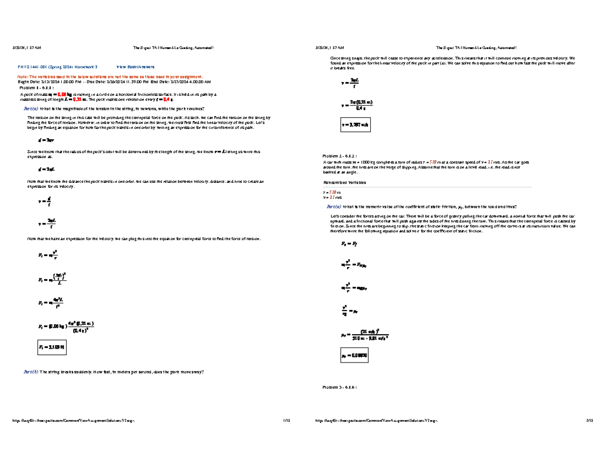 Expert TA HW5 - PHYS 1441-001 (Spring 2024) Homework 5 View Basic/Answers Note: The variables ...