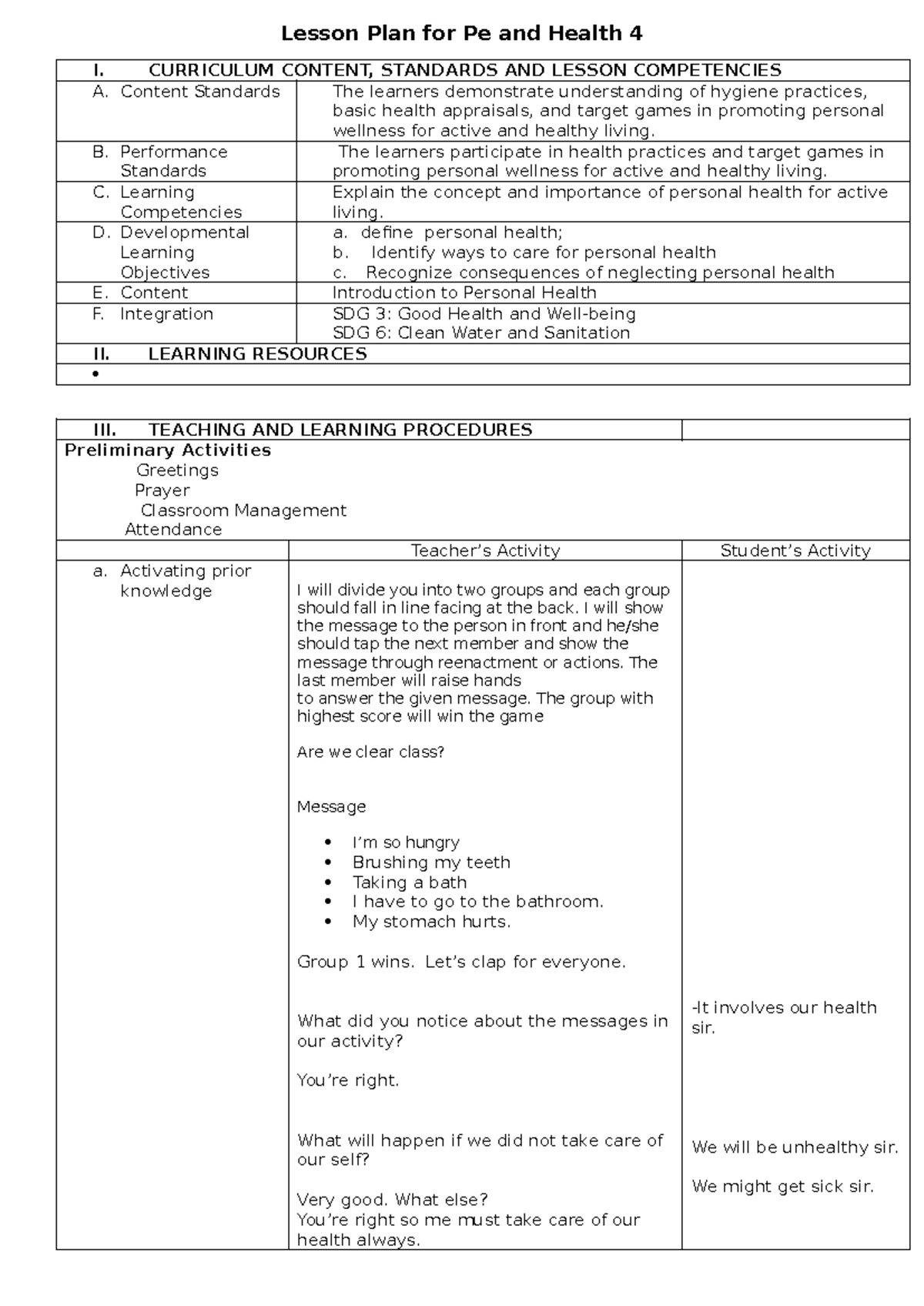 Lesson Plan for PE & Health 4: Personal Health & Wellness - Studocu