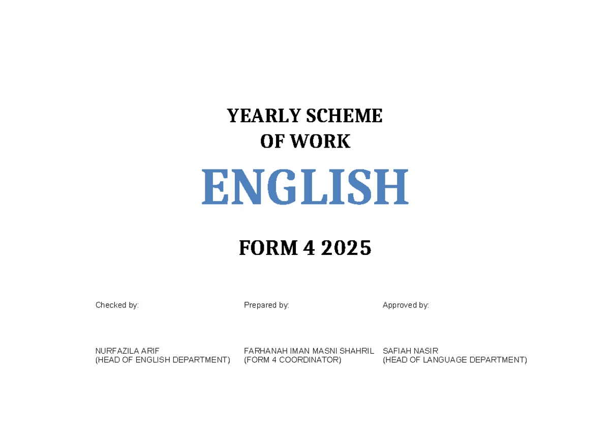 RPT 2025: Yearly Scheme of Work for English Form 4 - Studocu