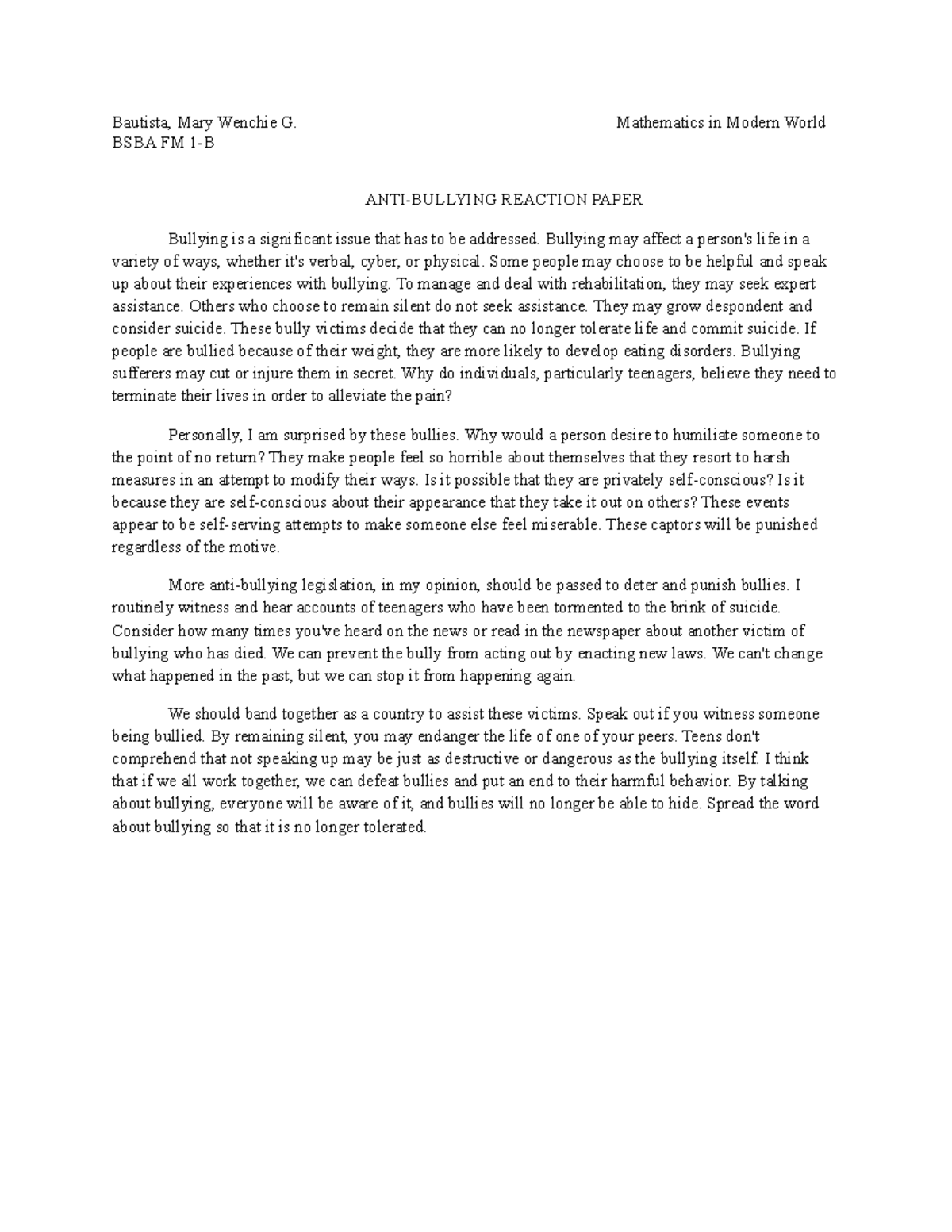 BSBA FM 1-B Anti-Bullying Reaction Paper: Perspectives and Solutions ...