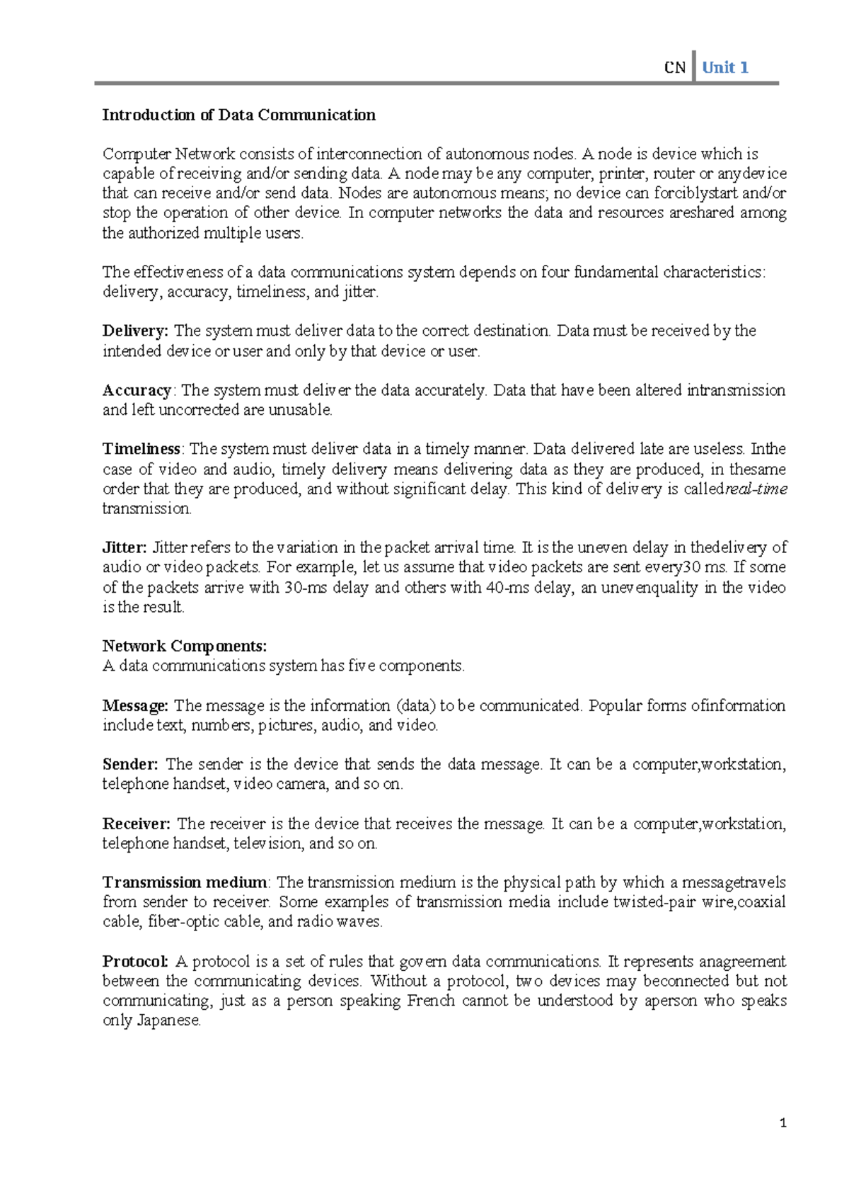 CN Unit 1: Introduction to Data Communication and Network Components ...