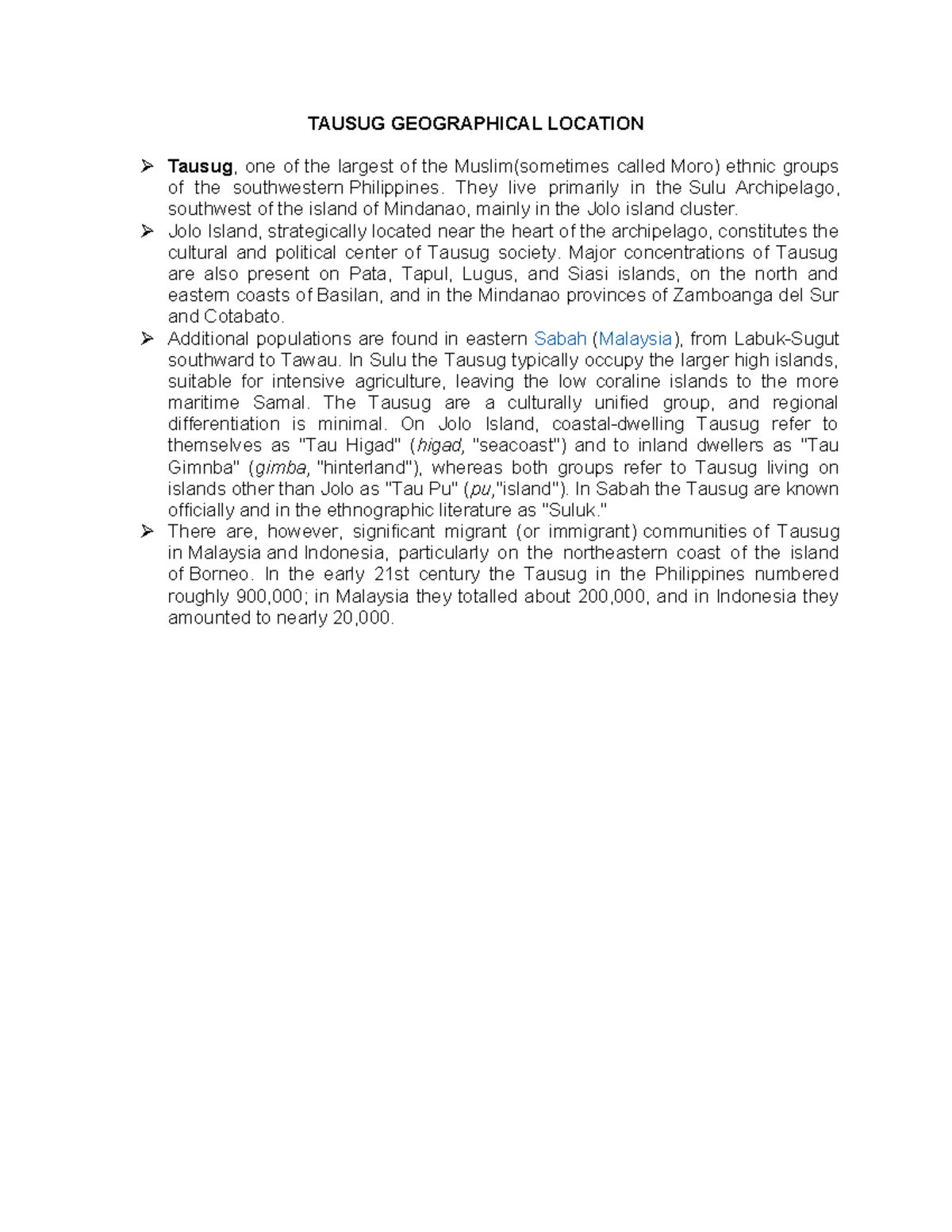 Tausug Geographical Location & Cultural Distribution Overview - Studocu