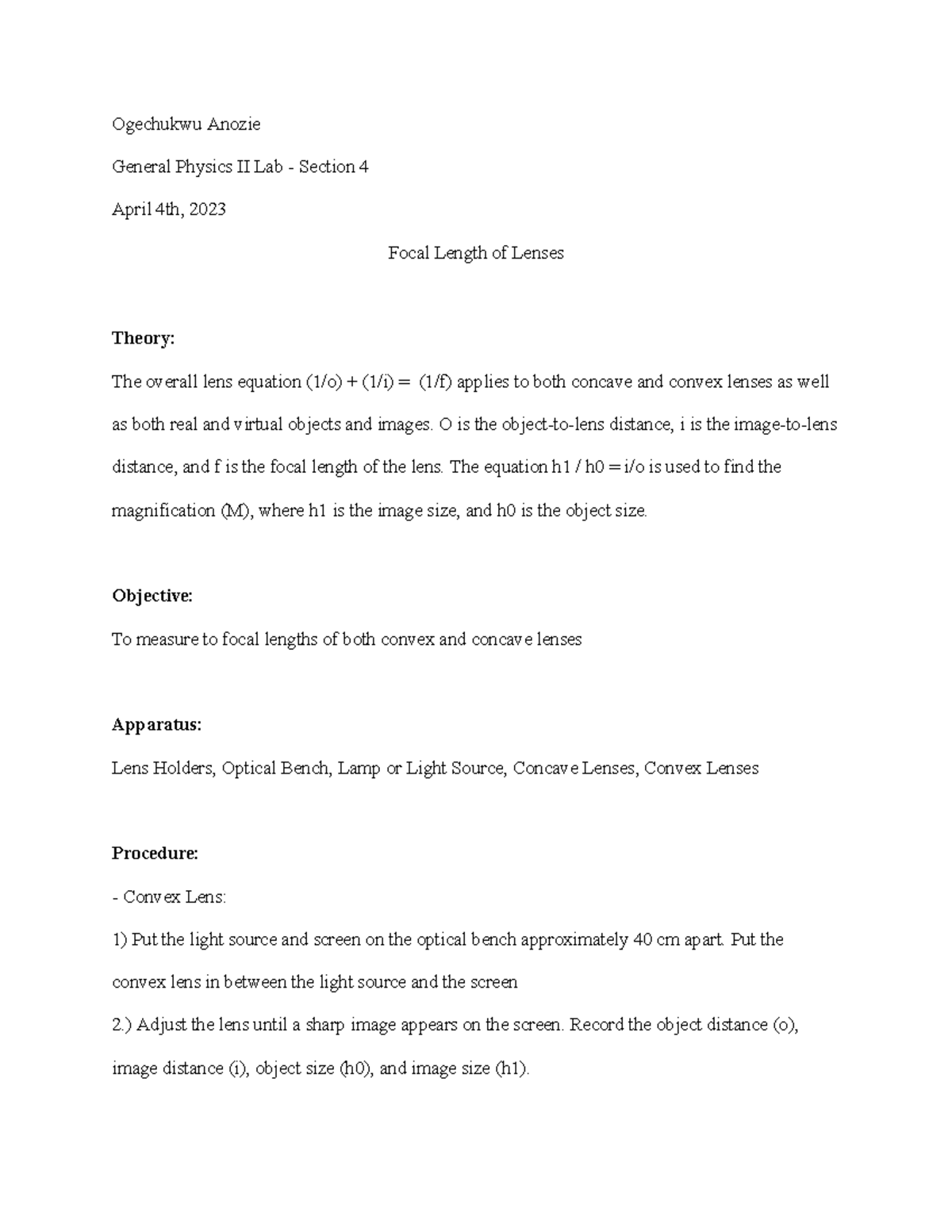 General Physics II Lab Exp 9: Measuring Focal Lengths of Lenses - Studocu