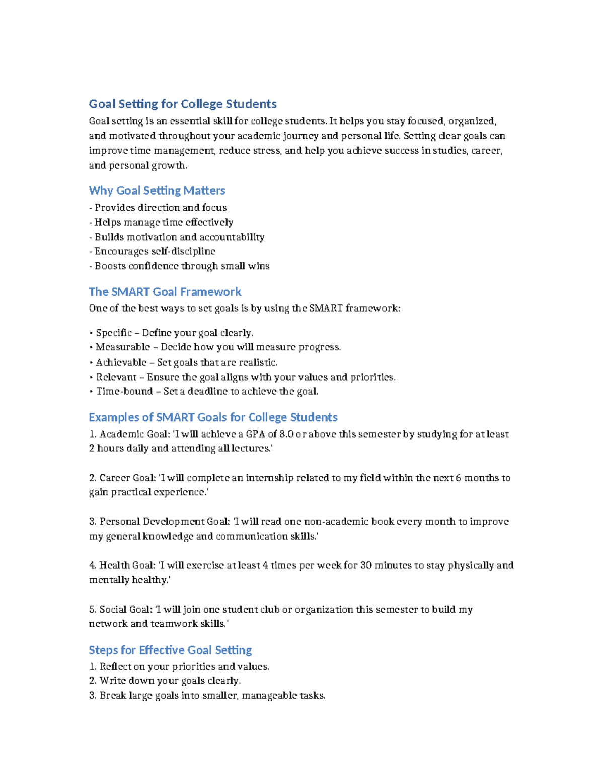Goal Setting Strategies for College Students: A SMART Approach - Studocu