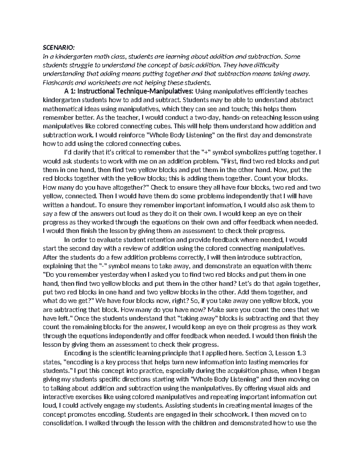 EDN1 Task 1: Teaching Addition & Subtraction with Manipulatives - Studocu