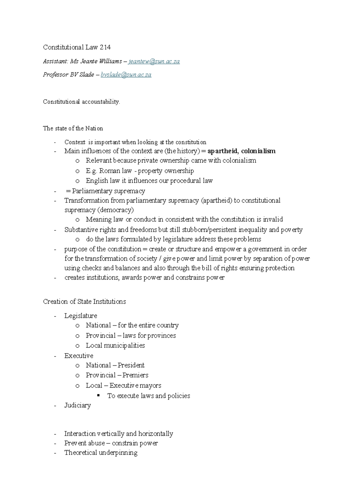 Constitutional Law 214: Accountability and Separation of Powers in SA ...