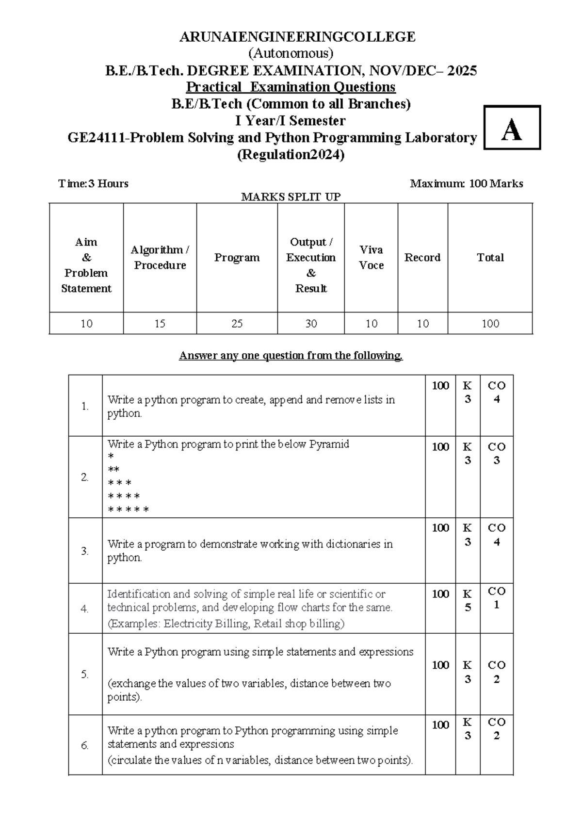Python Lab Set A - Practical Exam Questions for I Semester (2025) - Studocu