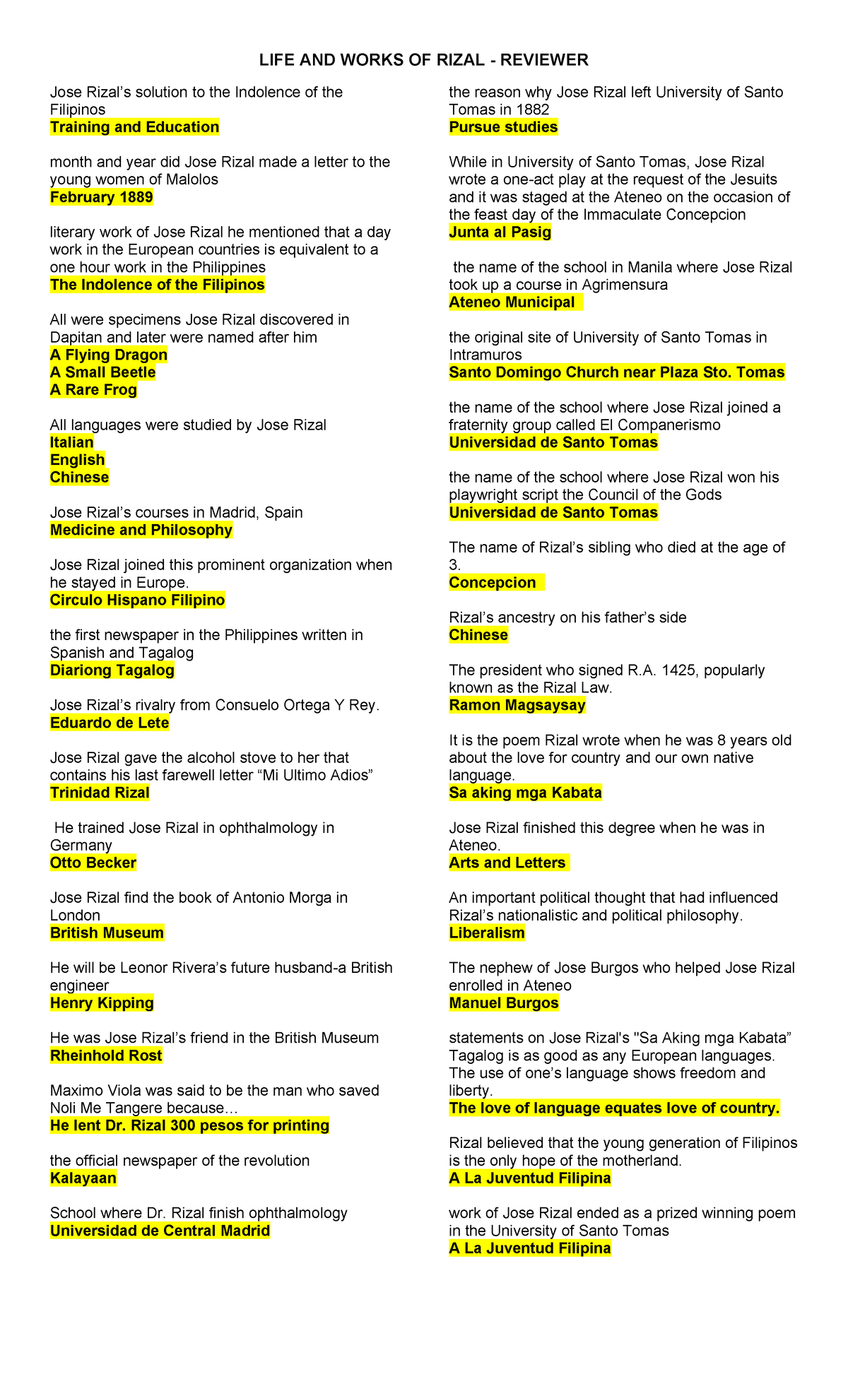 LIFE AND WORKS OF RIZAL: COMPREHENSIVE REVIEWER NOTES - Studocu