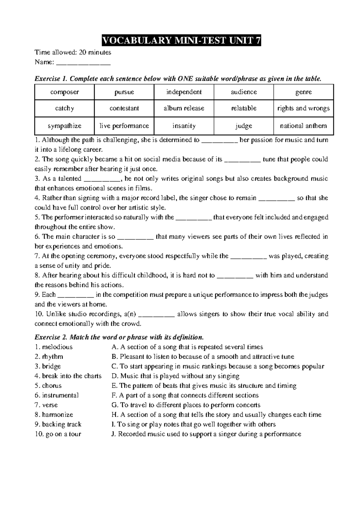 Vocabulary Mini Test Unit 7: Music Terms and Definitions - Studocu