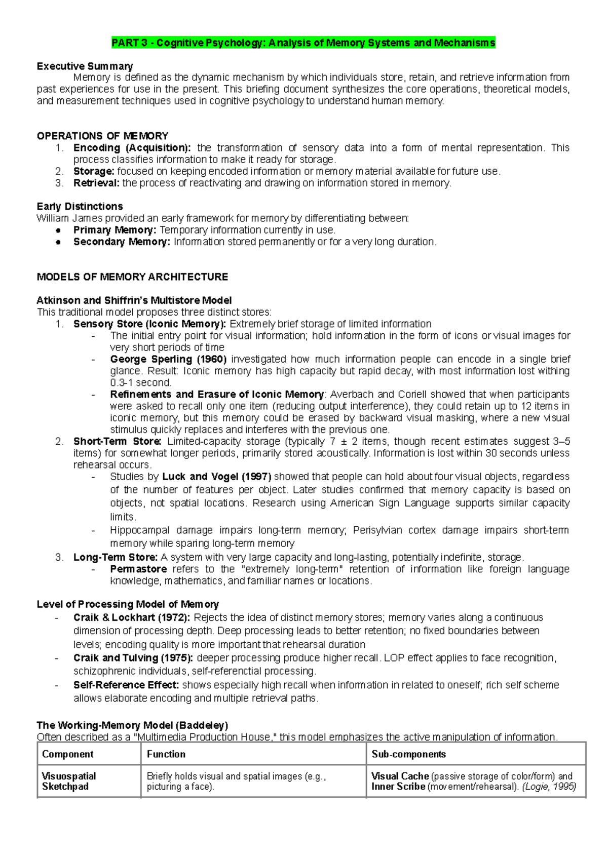 Cognitive Psychology (PSY 301): Memory Systems & Mechanisms Overview ...