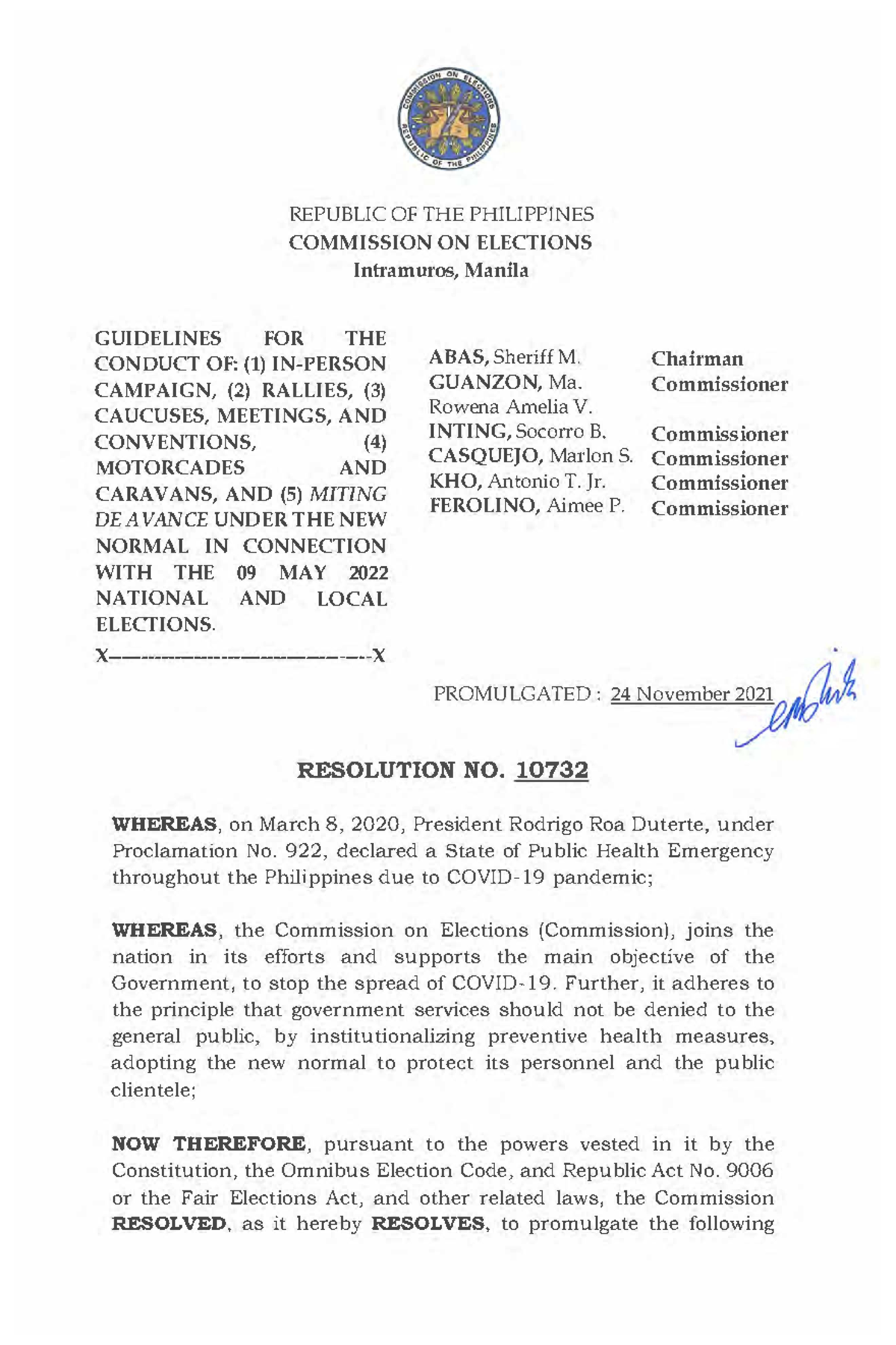COMELEC Resolution No. 10732: Guidelines for In-Person Campaigns - Studocu