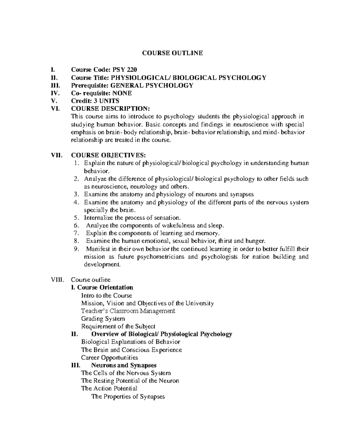 PSY 220 Course Outline: Physiological/Biological Psychology Essentials ...