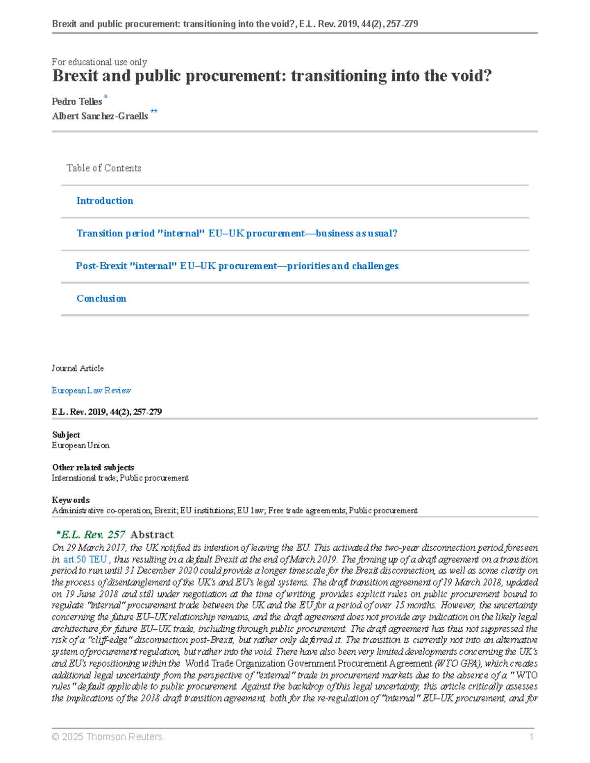 Brexit and Public Procurement: Transitioning into the Void? E.L. Rev ...
