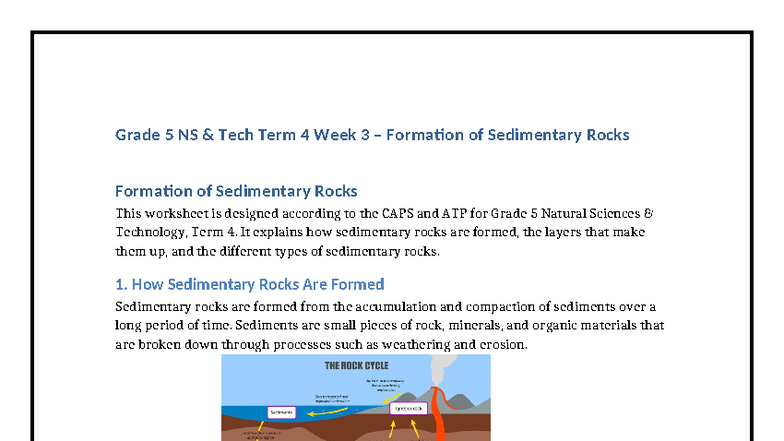Grade 5 NS Tech Term 4 Worksheet: Formation of Sedimentary Rocks - Studocu