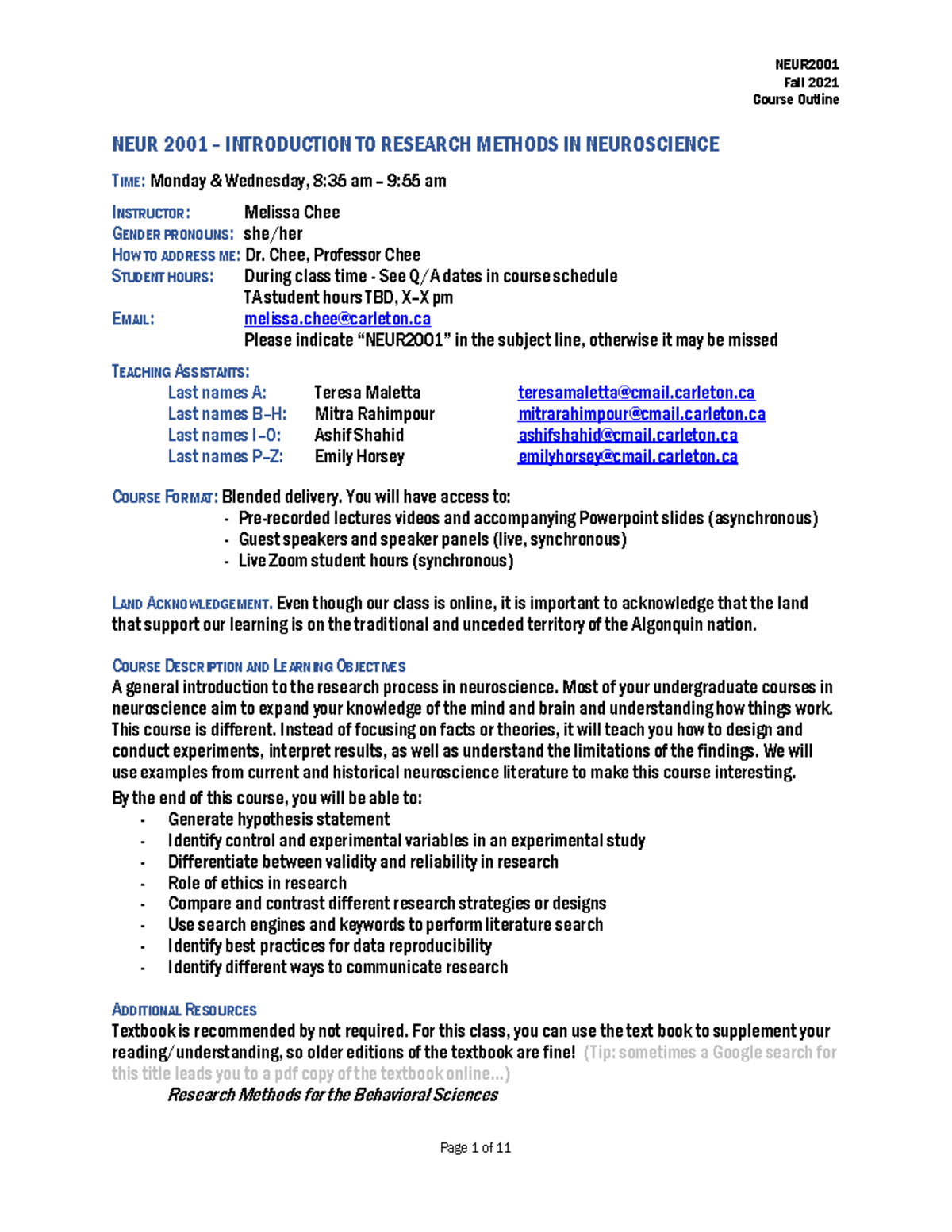 NEUR 2001 Fall 2021 Course Outline & Learning Objectives - Studocu