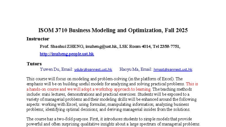 ISOM 3710 Business Modeling & Optimization Syllabus, Fall 2025 - Studocu