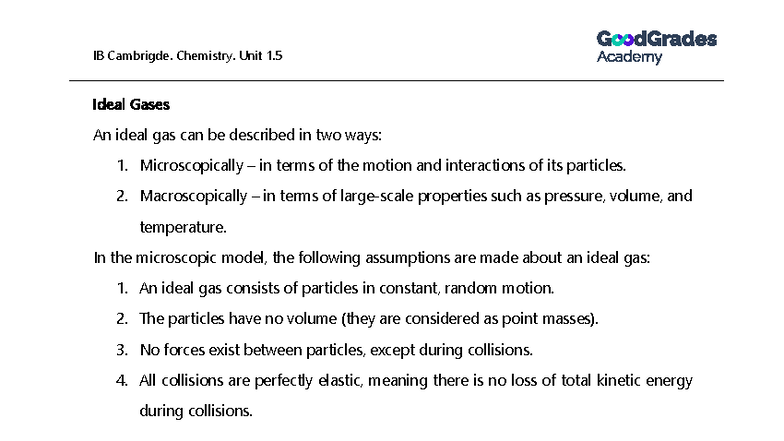 IB Cambridge Chemistry Unit 1.5: Ideal Gases Overview - Studocu