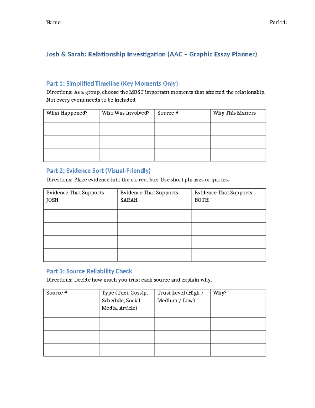 AAC Graphic Essay Planner: Josh & Sarah Relationship Analysis - Studocu
