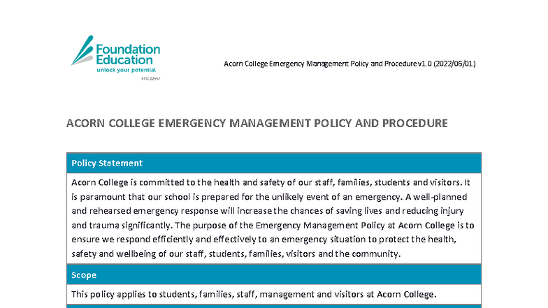 Acorn College Emergency Management Policy & Procedures v1.0 - Studocu