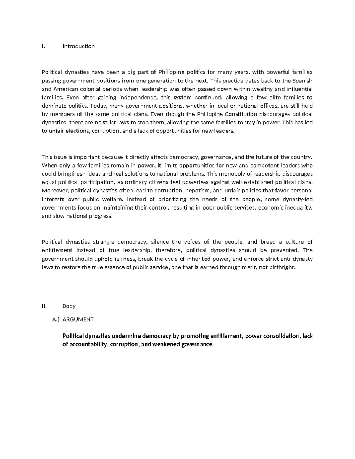 POL 101: Position Paper on Political Dynasties and Their Impact - Studocu