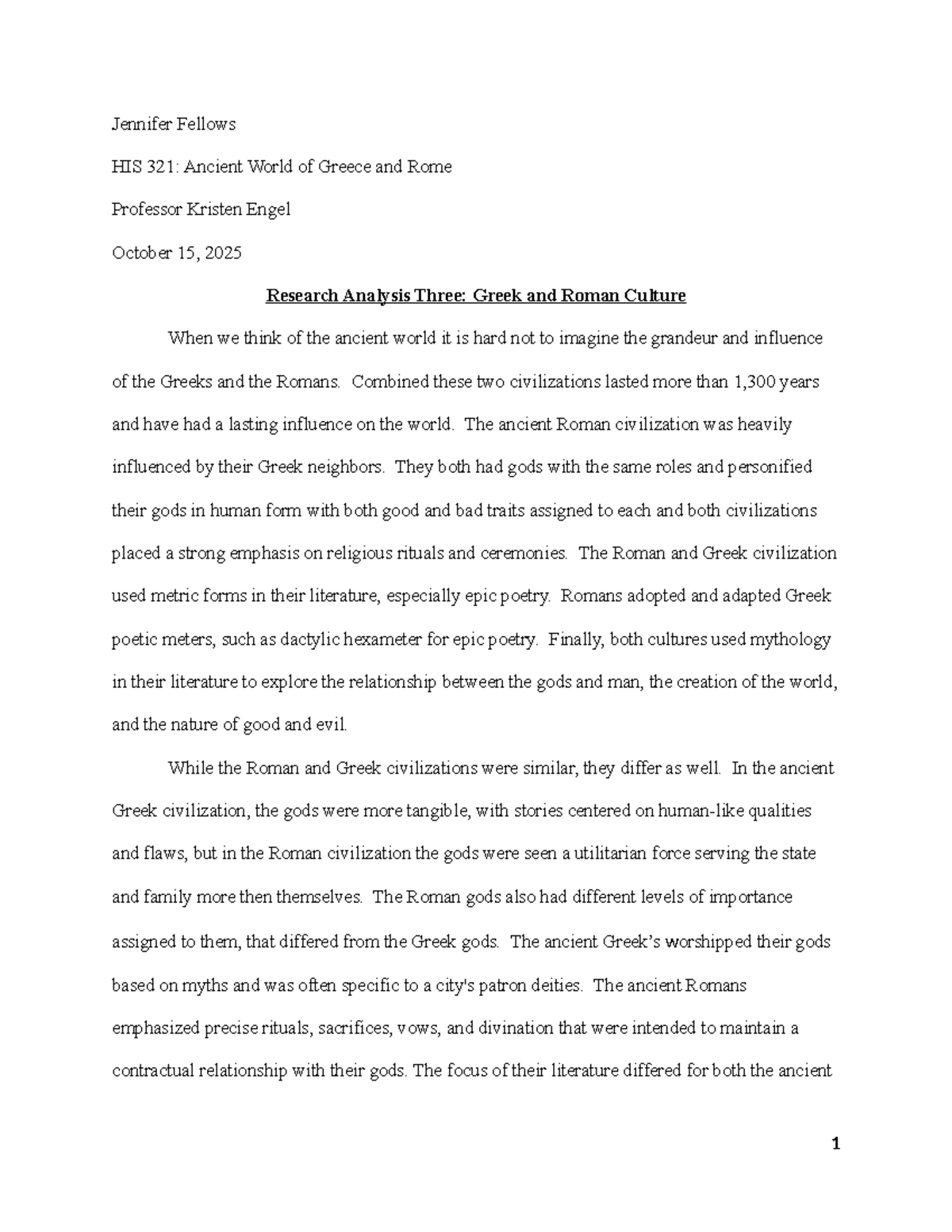 Research Analysis Three: Greek and Roman Culture - HIS 321 - Studocu