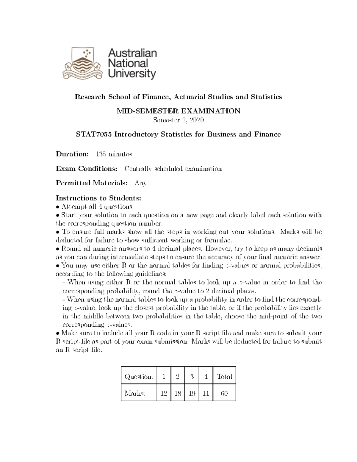 STAT7055 2020-S2 Introductory Statistics Exam Solutions - Studocu