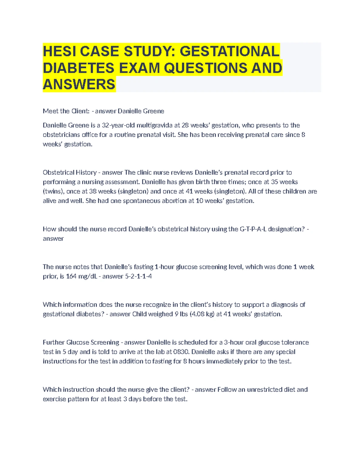 HESI Case Study: Gestational Diabetes Exam Q&A for Nursing Students ...