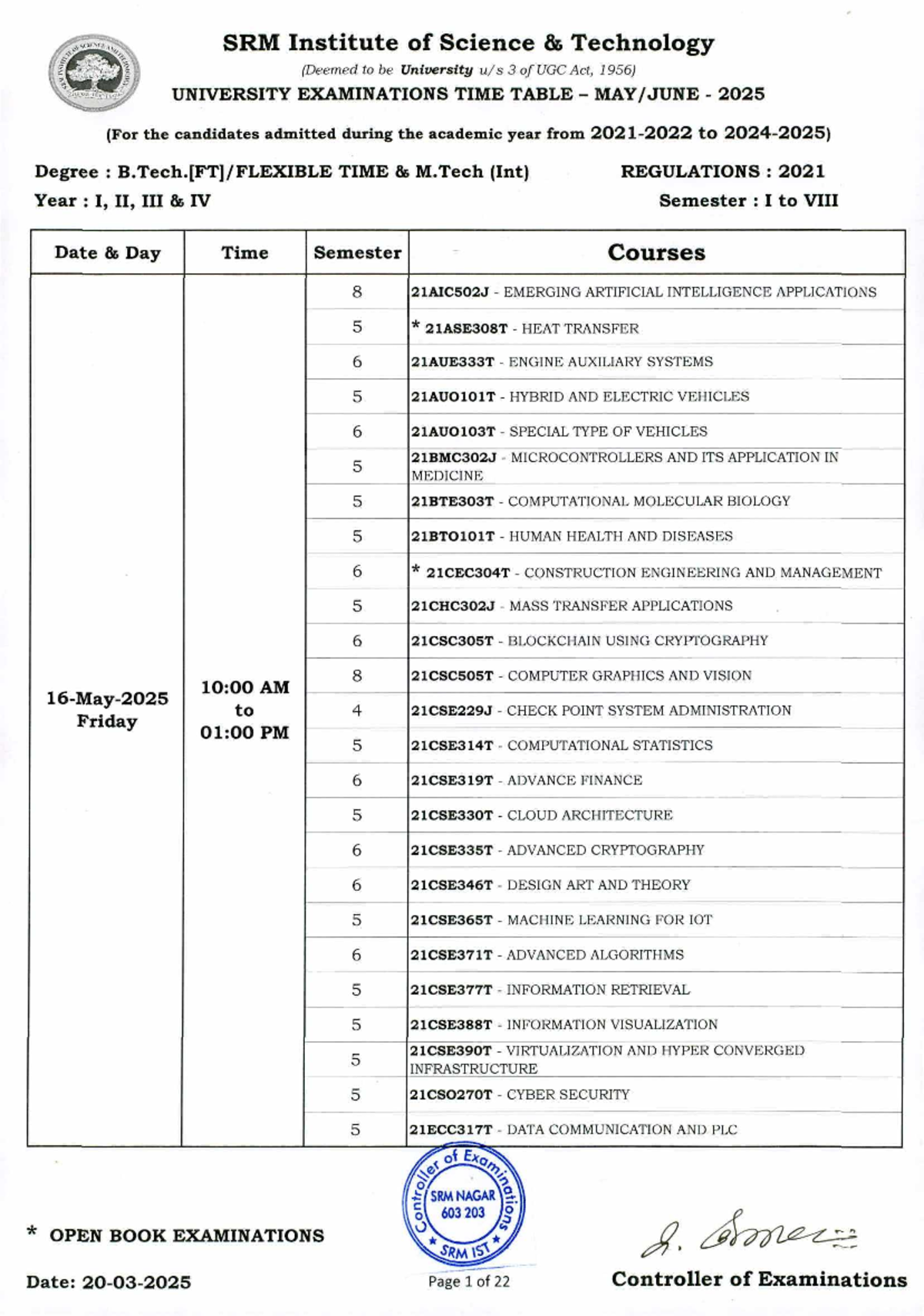 B.Tech (FT) & M.Tech (Int) Regulations 2021 Univ Exam Timetable May/June 2025 - Studocu
