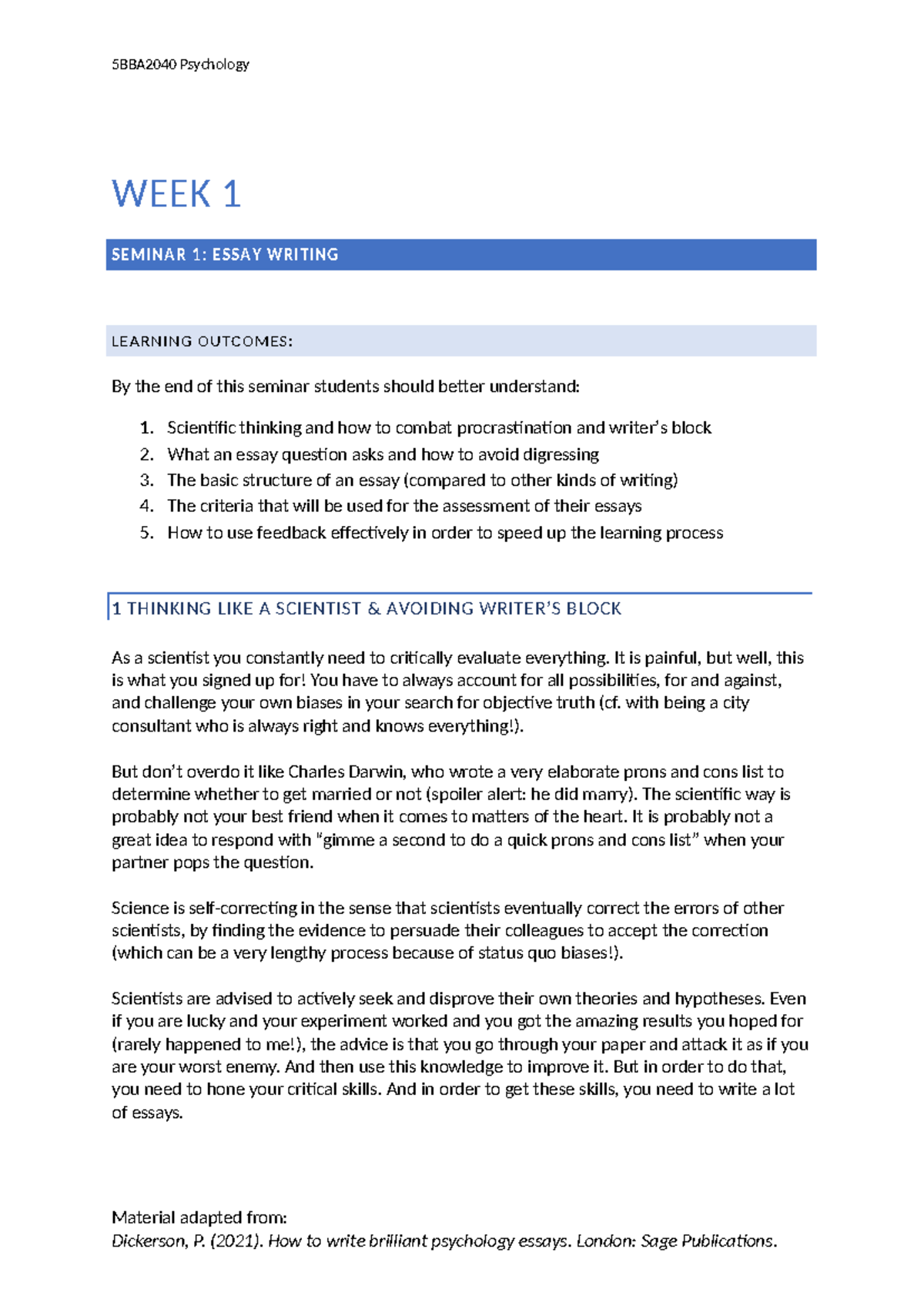 5BBA2040 Seminar 1 Worksheet: Mastering Essay Writing Techniques - Studocu