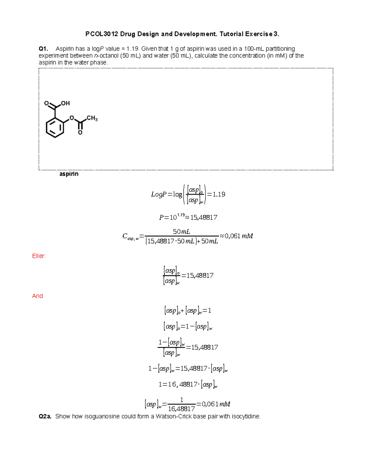 PCOL3012 Drug Design & Development Tutorial Worksheet 3 - Studocu