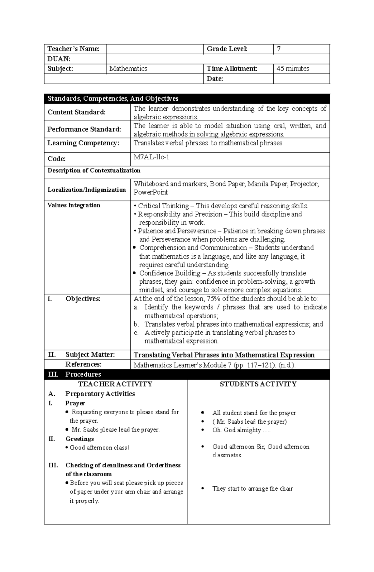 Mathematics Lesson: Translating Verbal Phrases to Expressions (Grade 7 ...