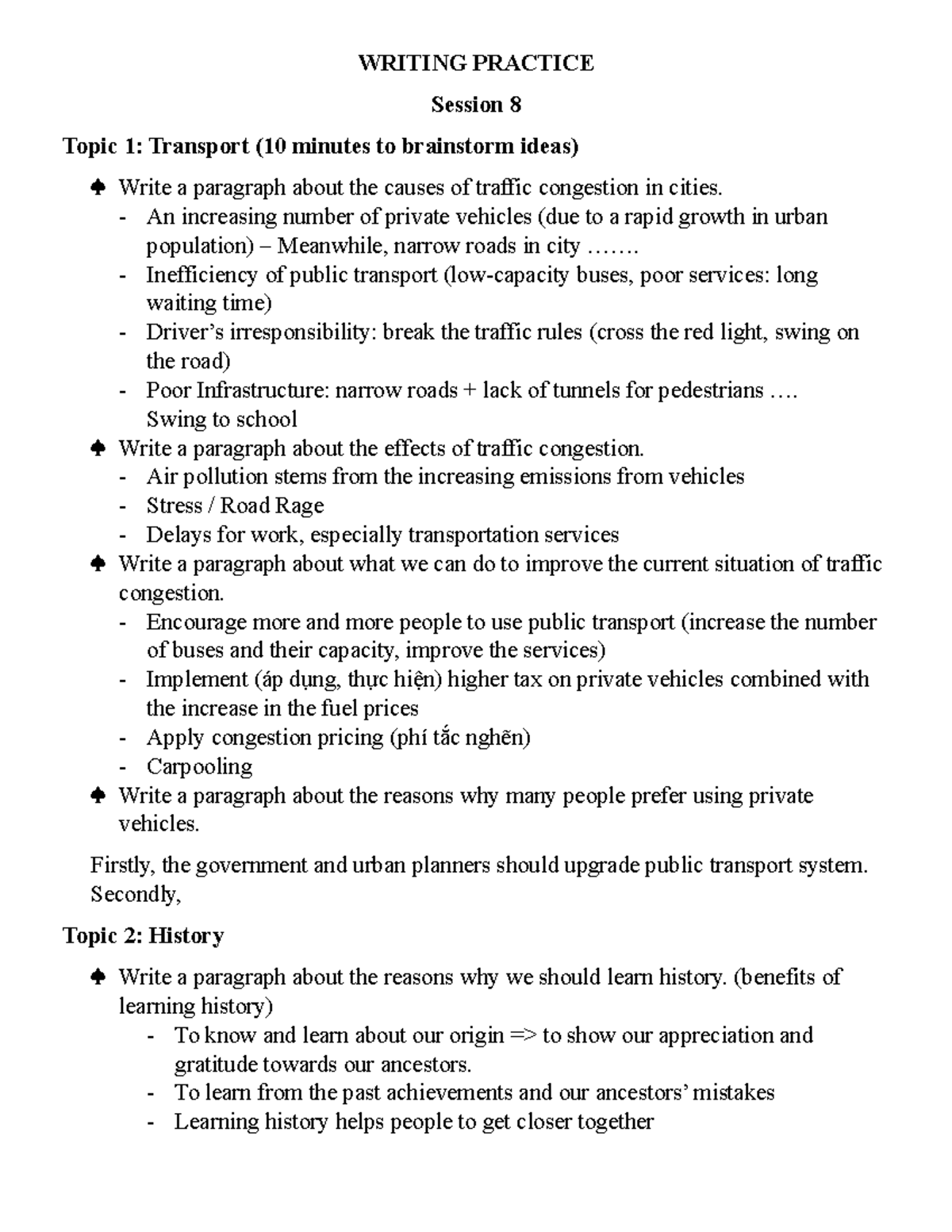 Writing Practice - Session 8: Traffic Congestion & History Insights ...