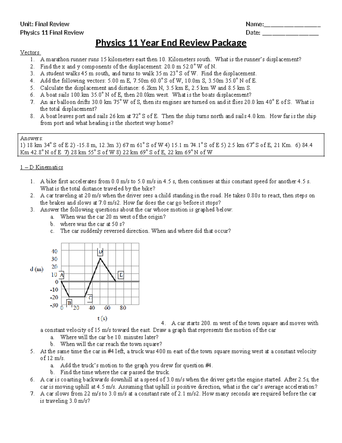 Unit: Final Review Physics 11 - Comprehensive Worksheet - Studocu