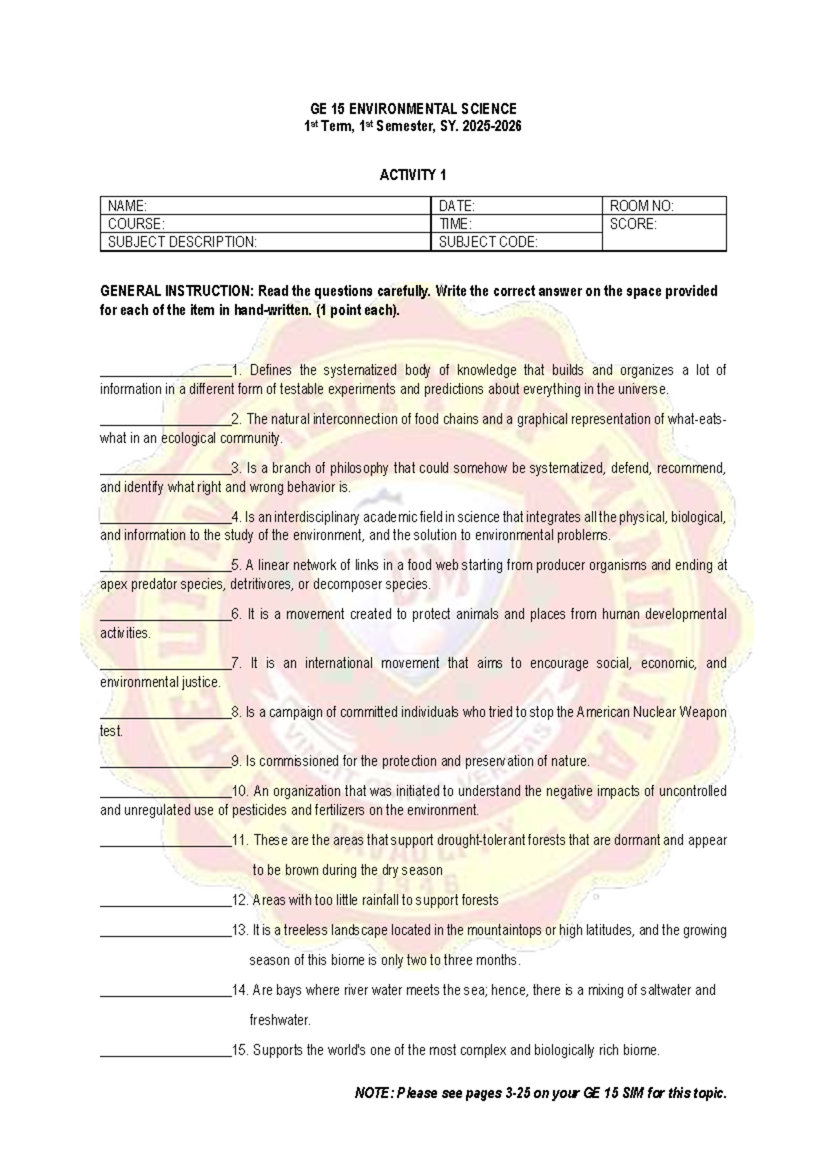 Activity 1: Terminology Definitions for GE 15 Environmental Science ...