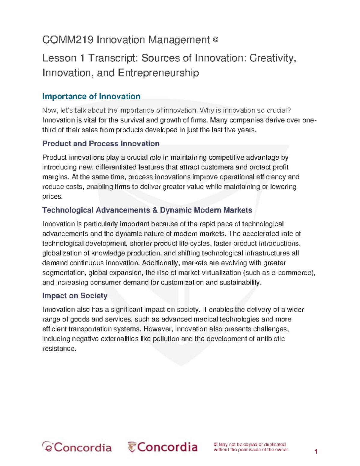 COMM219 Innovation Management Lesson 1: The Importance of Innovation ...