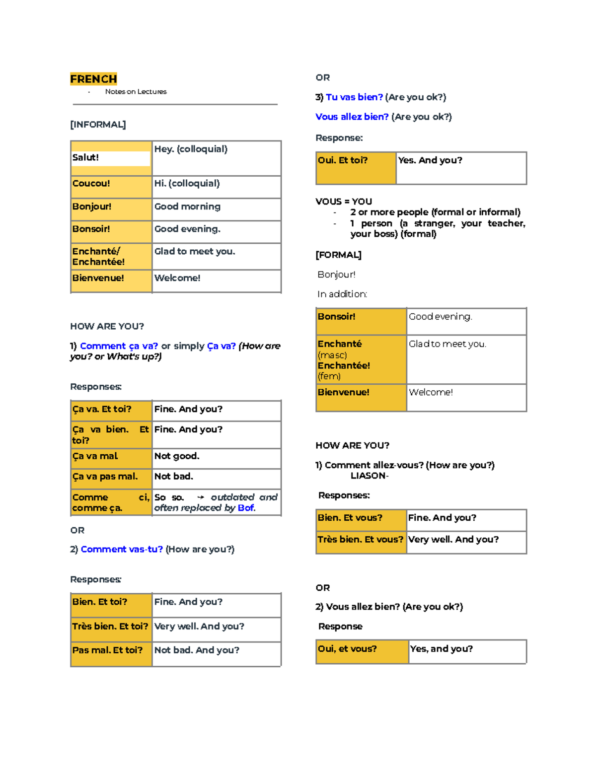 FRENCH 101: Lecture Notes on Greetings and Responses - Studocu