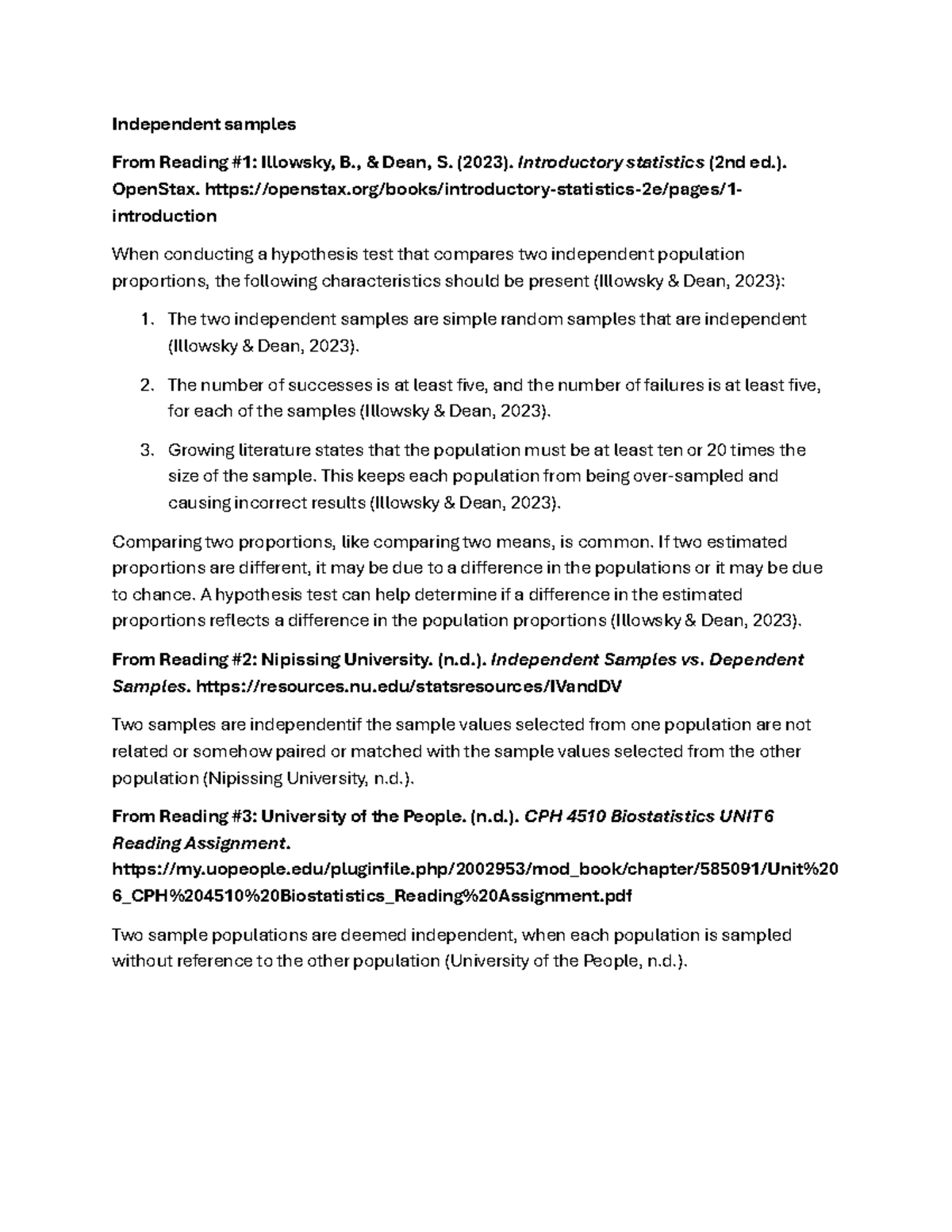 CPH 4510 Biostatistics: Independent vs. Dependent Samples Analysis ...