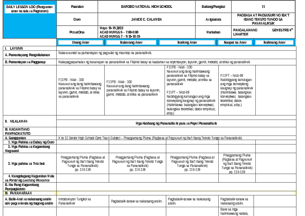 Kanasayan 1-3: Daily Lesson Log para sa Pagbasa at Pagsusuri - Studocu