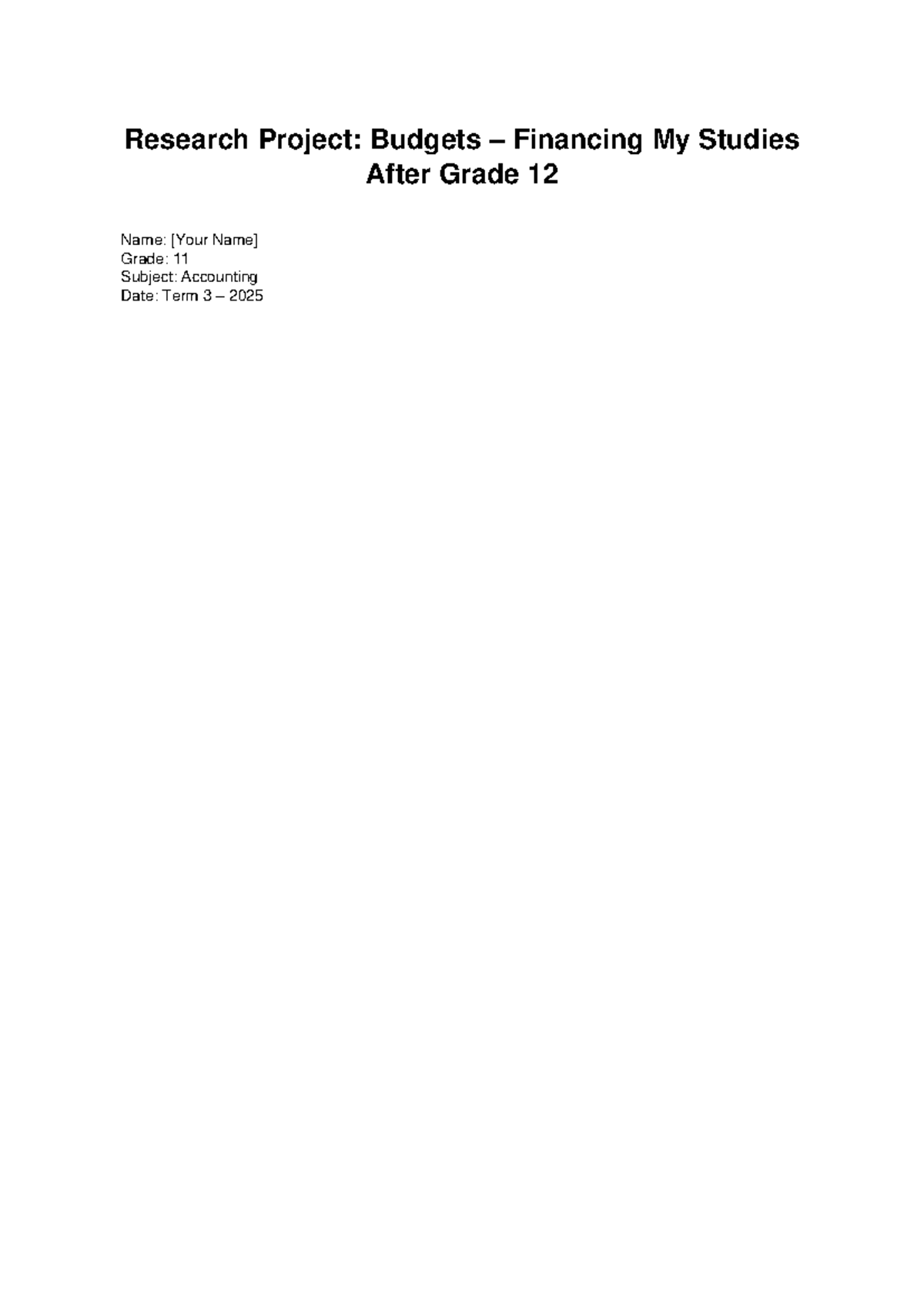 UCT BCom Accounting Budget Project: Financing My Studies After Grade 12 ...