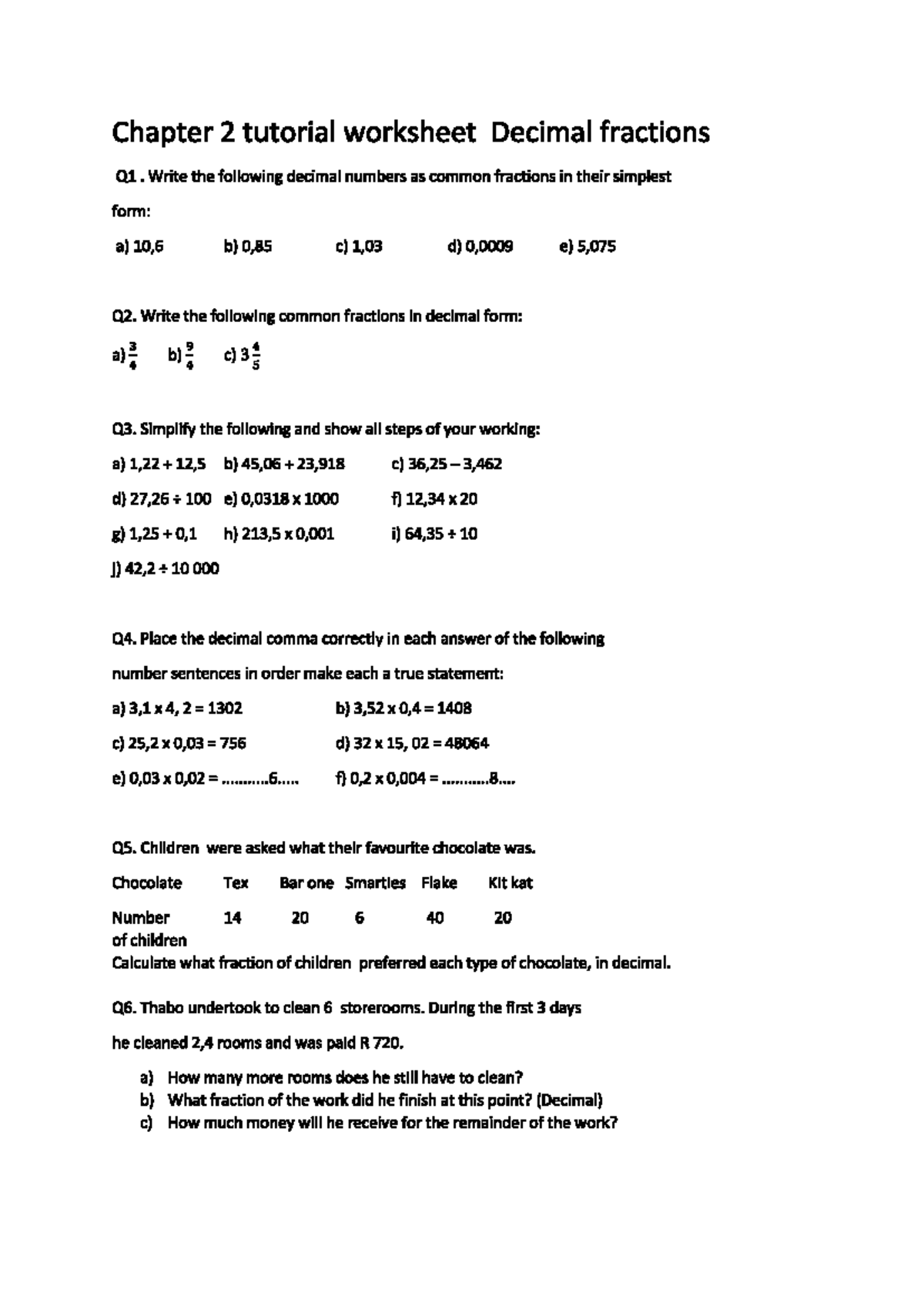 Chapter 2 Tutorial Worksheet: Decimal Fractions & Common Fractions ...