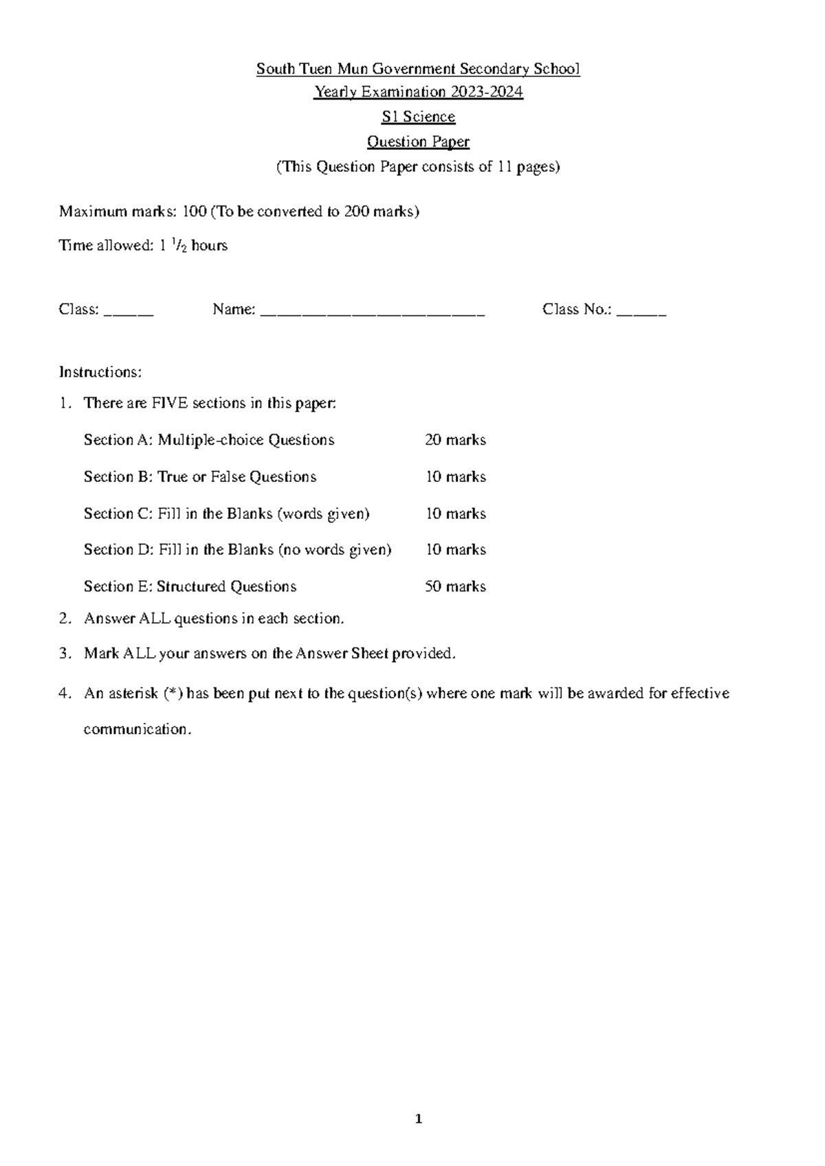 2023-2024 Yearly Exam S1 Science Question Paper - Studocu