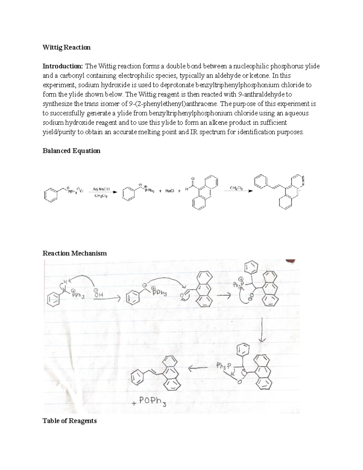 Wittig Reaction Experiment: Synthesis of 9-(2-Phenylethenyl)Anthracene ...