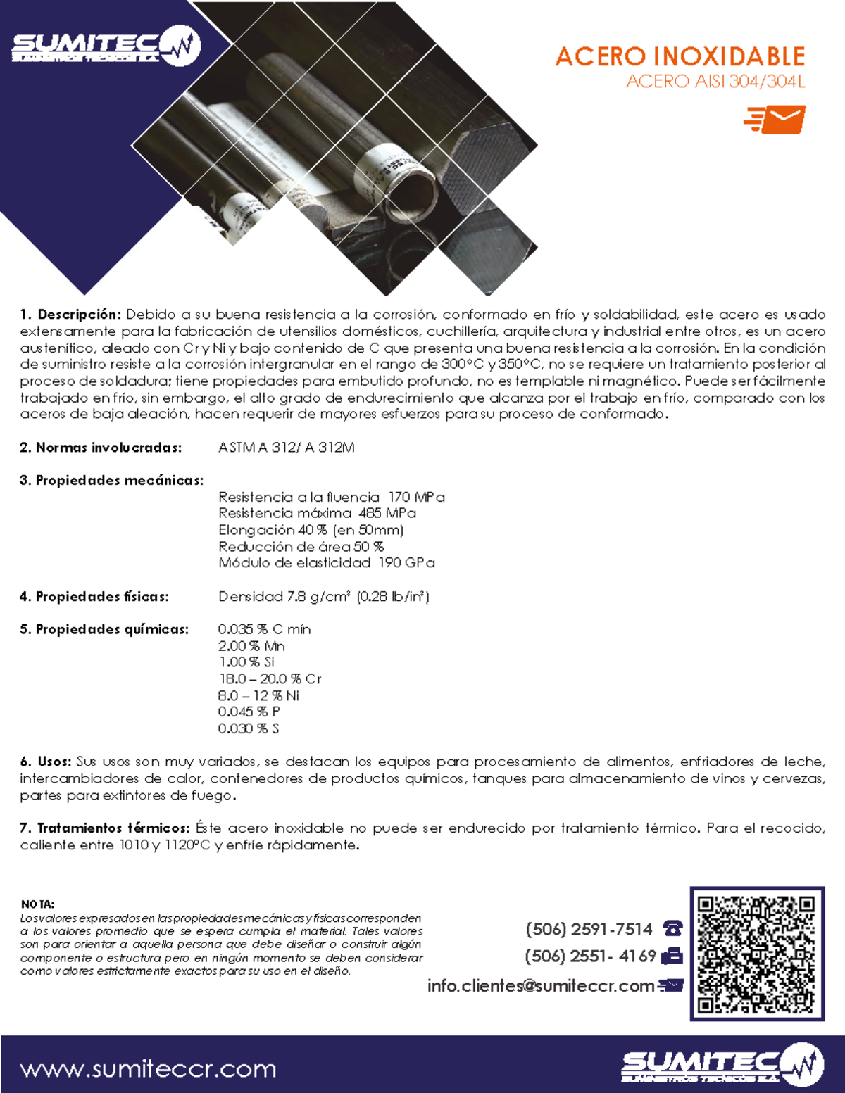 Ficha Tecnica Acero 304 INOX - (506) 2591- (506) 2551- 4169 sumiteccr ACERO INOXIDABLE ACERO ...
